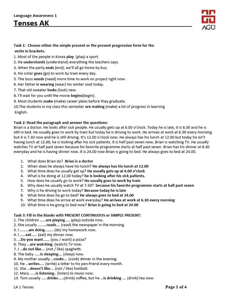 LA1 Present Simple & Present Continuous TASK 2 AK | PDF | Recruitment