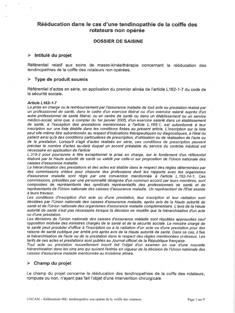 Referentiel Uncam Tendinopatie Non Operee Coiffe Rotateur | PDF