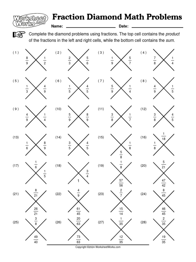 WorksheetWorks Fraction Diamond Math Problems 4 | PDF