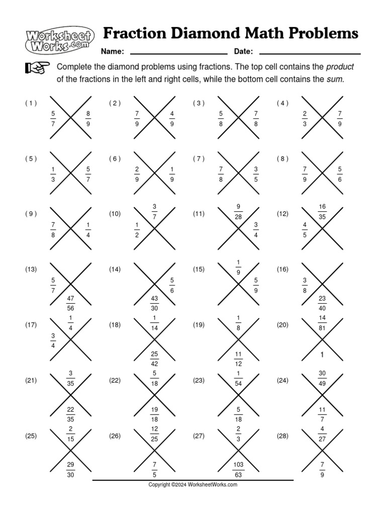 WorksheetWorks Fraction Diamond Math Problems 7 | PDF