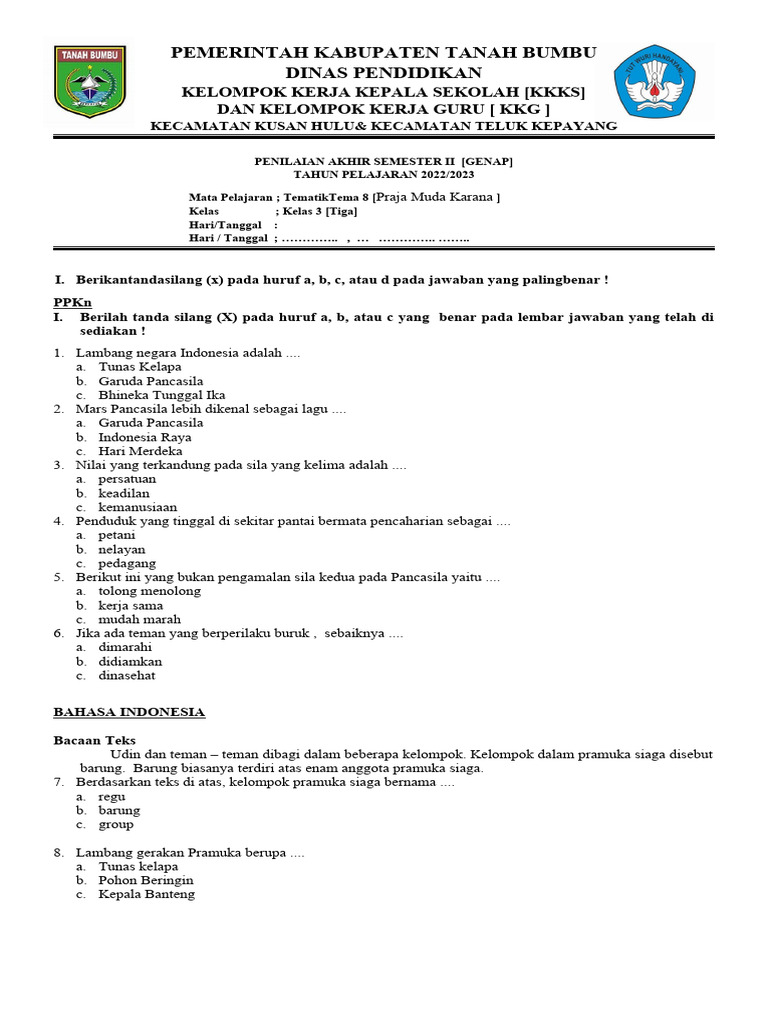 4.SOAL PAS Kelas 3 Tema 8 + Kunci Dan Lembar Jawaban Acc | PDF