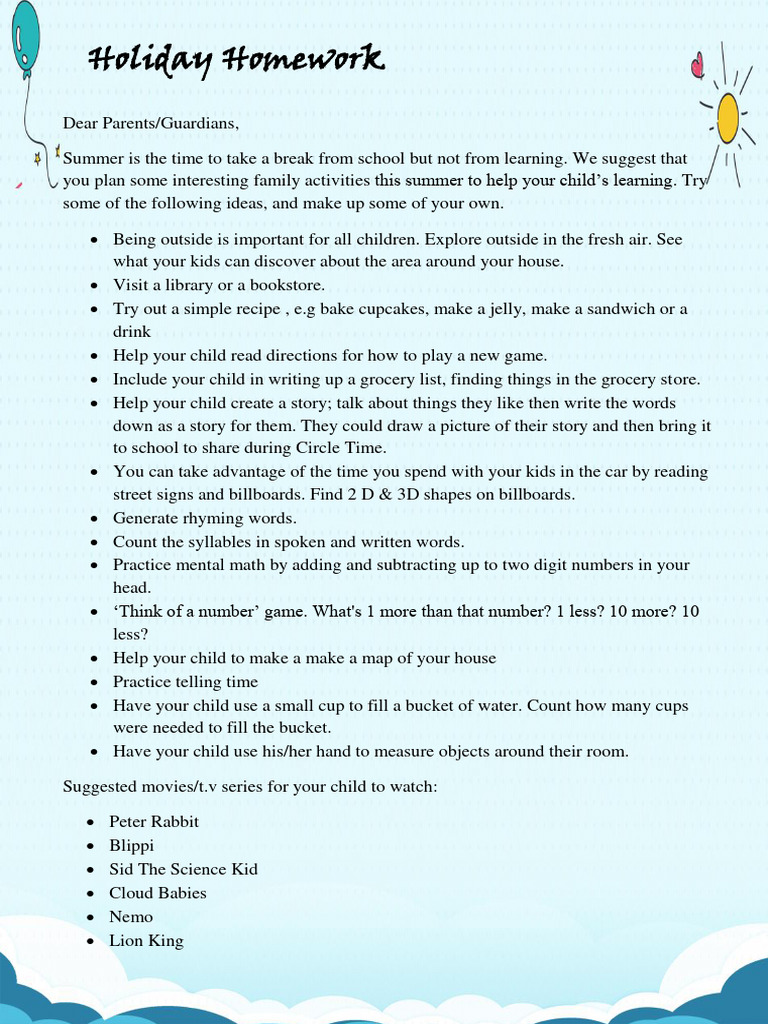 Summer Homework Prep | PDF | Dr. Seuss