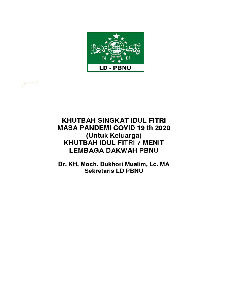Khutbah 'Idulfitri 2020 LD PBNU | PDF
