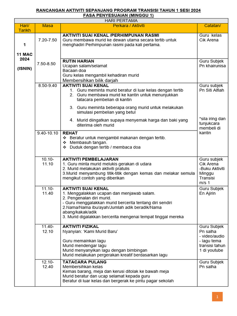 Jadual Minggu 1 | PDF