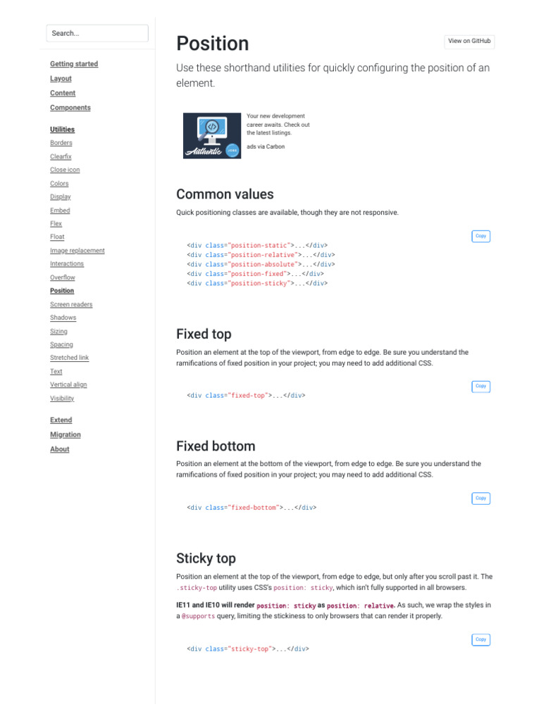 Bootstrap 4 Position Utilities Guide | PDF | Computing | Software