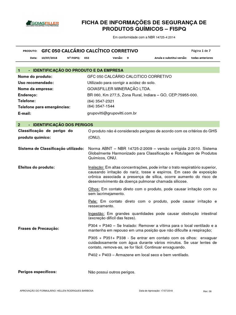 Fispq GFC 50 Calcario Calcitico Corretivo | PDF | Cálcio | Embalagem e rotulagem