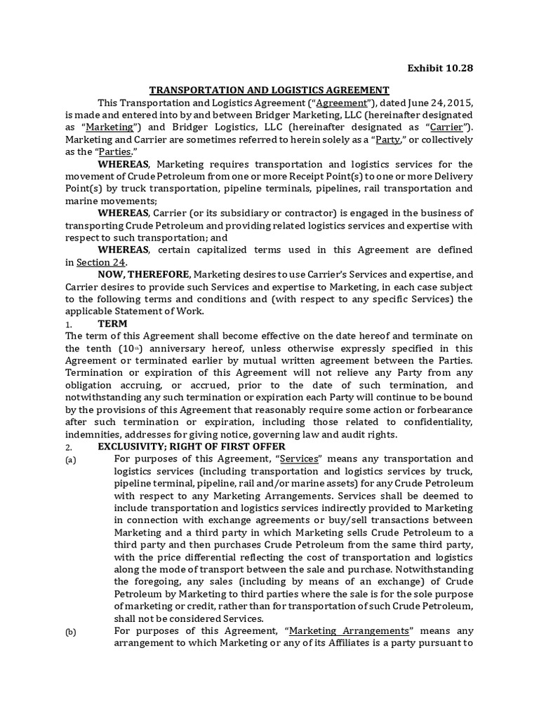 Transportation and Logistics Agreement | PDF | Indemnity | Legal Liability