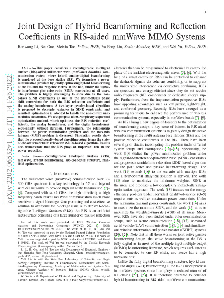 Joint Design of Hybrid Beamforming and Reflection Coefficients in Ris-Aided Mmwave Mimo Systems ...