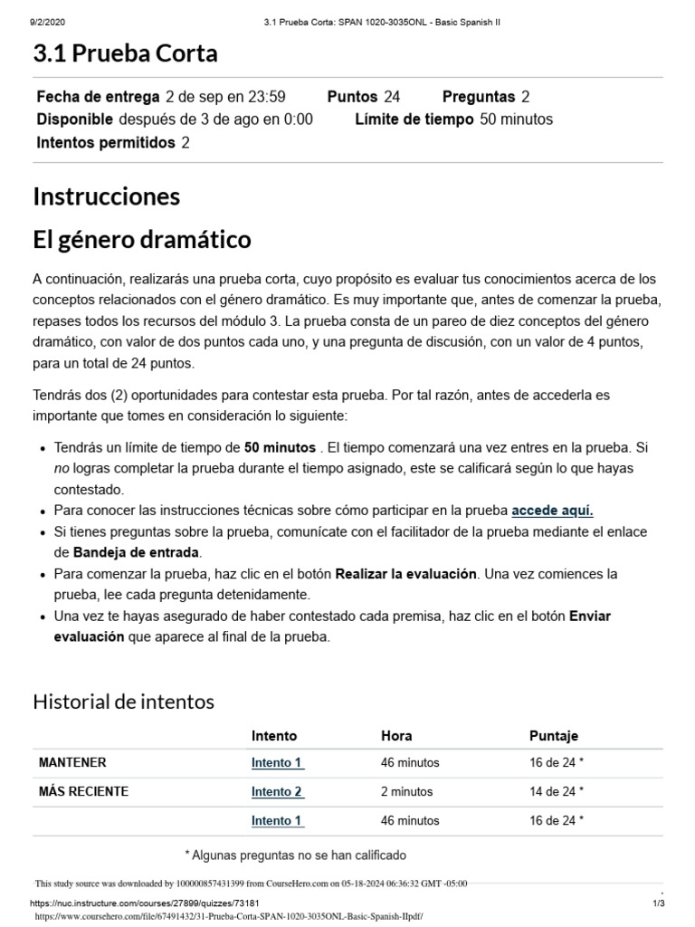 3.1 Prueba Corta SPAN 1020 3035ONL Basic Spanish II PDF | PDF