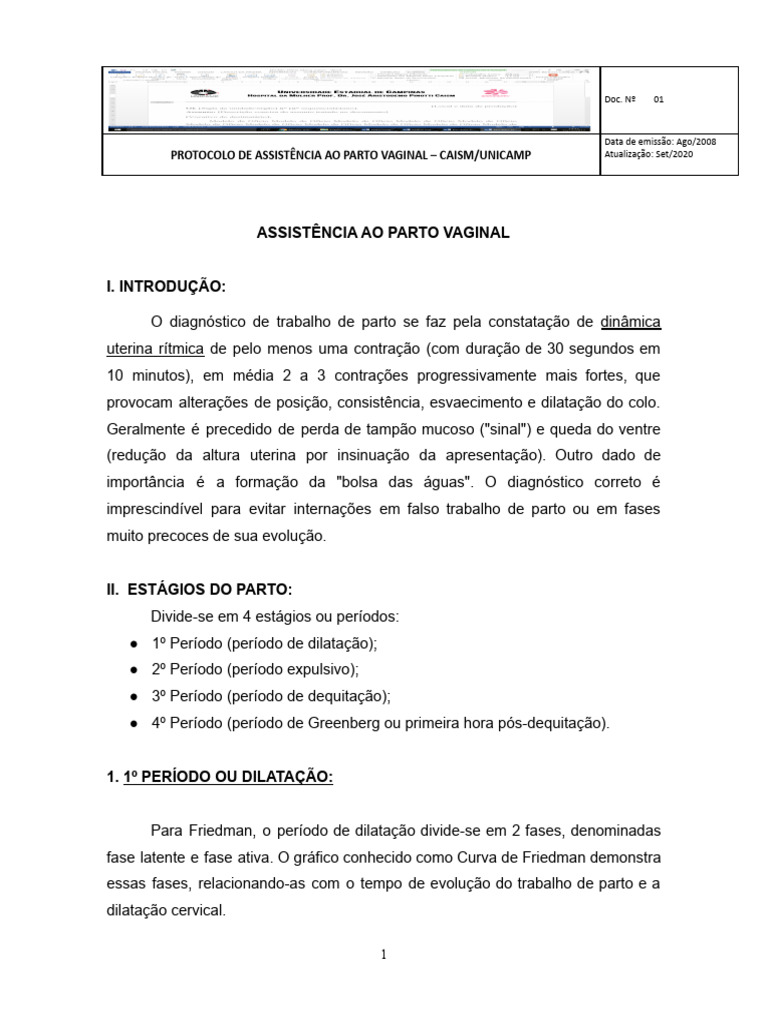 Protocolo de Parto Vaginal CAISM/UNICAMP | PDF | Parto | Especialidades médicas