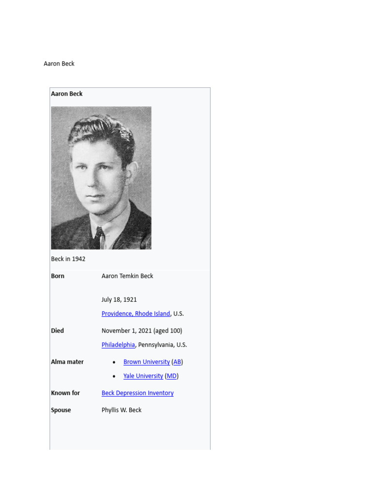 Biography of Aaron T. Beck | PDF | Cognitive Therapy | Psychotherapy