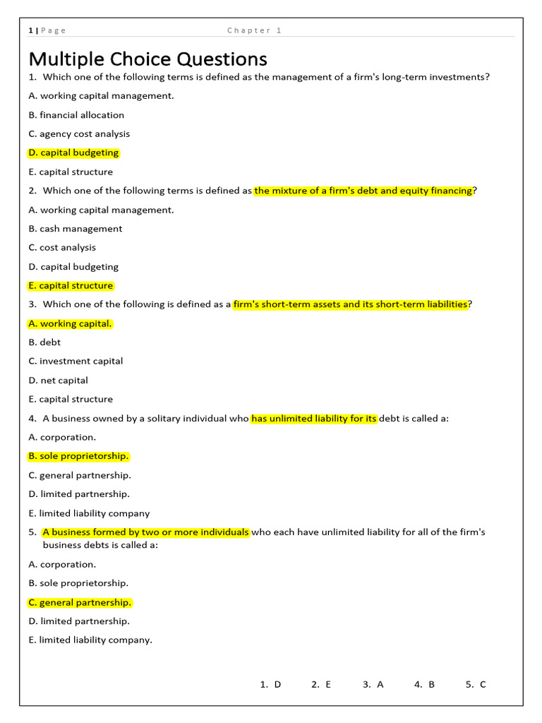Corporate Finance MCQ CH 1 Solution | PDF | Partnership | Stocks