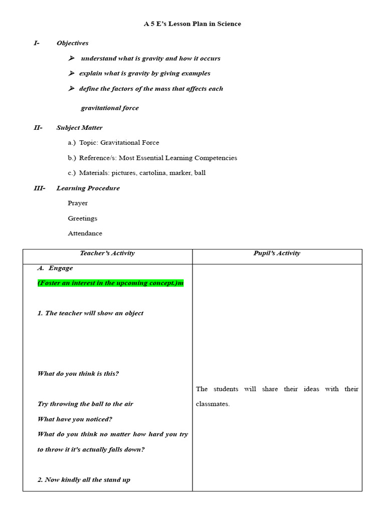 5E's LESSON PLAN | PDF | Gravity | Force