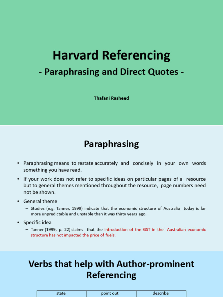 Havard Referencing - Paraphrasing and Direct Quotes | PDF | Literacy | Sic