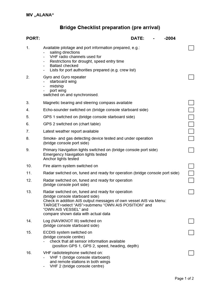 Bridge Checklist Pre Arrival LA | Download Free PDF | Navigation | Shipping