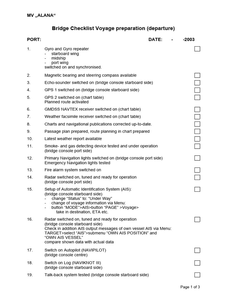 Bridge Inspection Checklist for MV Alana | PDF | Navigation ...