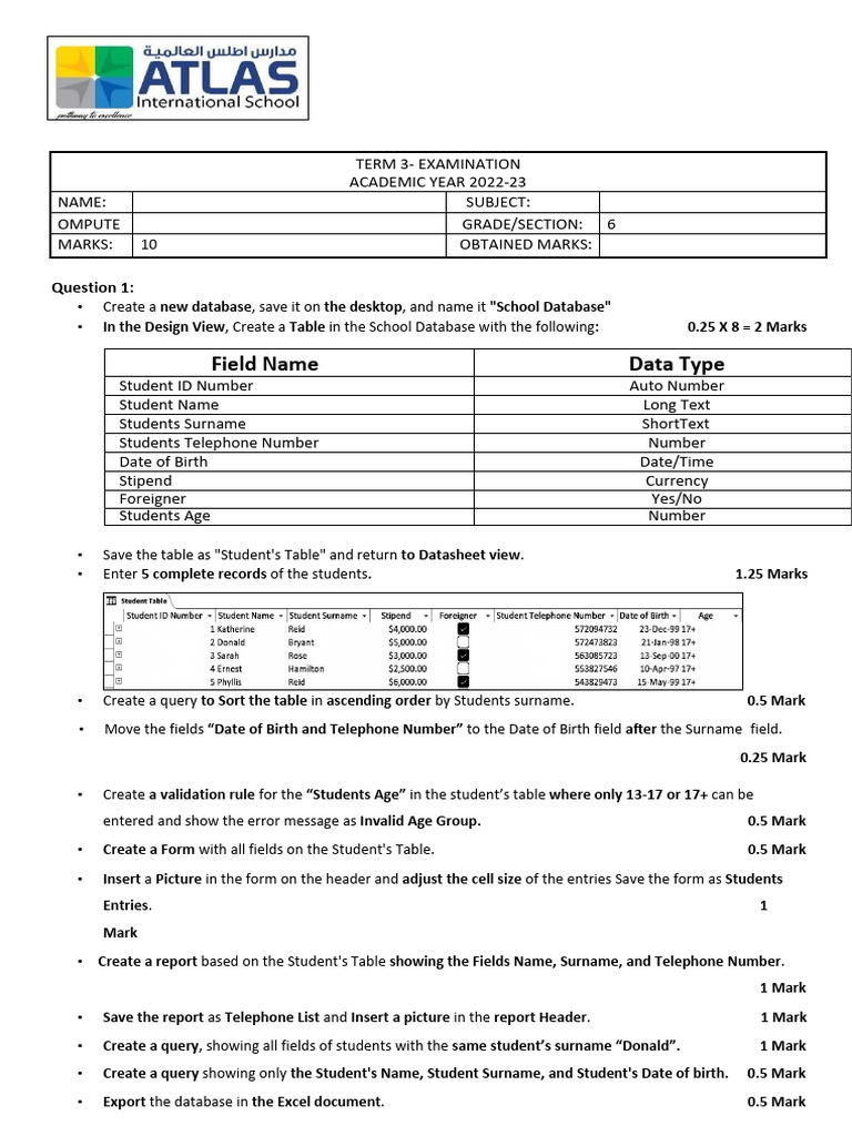 G6 CS - Practical Term 3 - Examination - Paper QP | PDF | Databases | Information Science