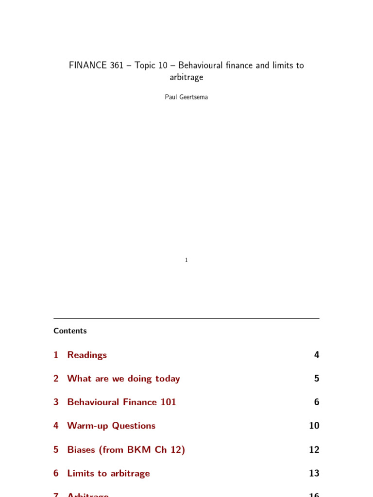 Topic_10_-_Behavioural_finance_and_limits_to_arbitrage | PDF | Arbitrage | Behavioral Economics