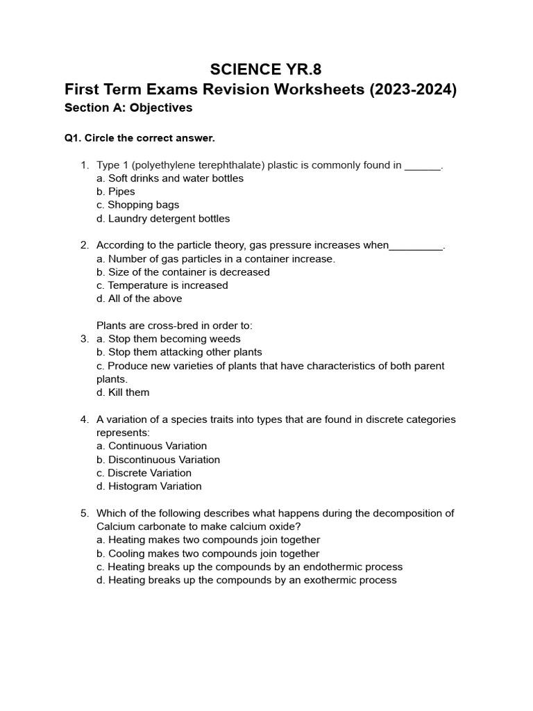 YR8. Science Revision Worksheets 2023-2024 | PDF | Magnesium | Oxide
