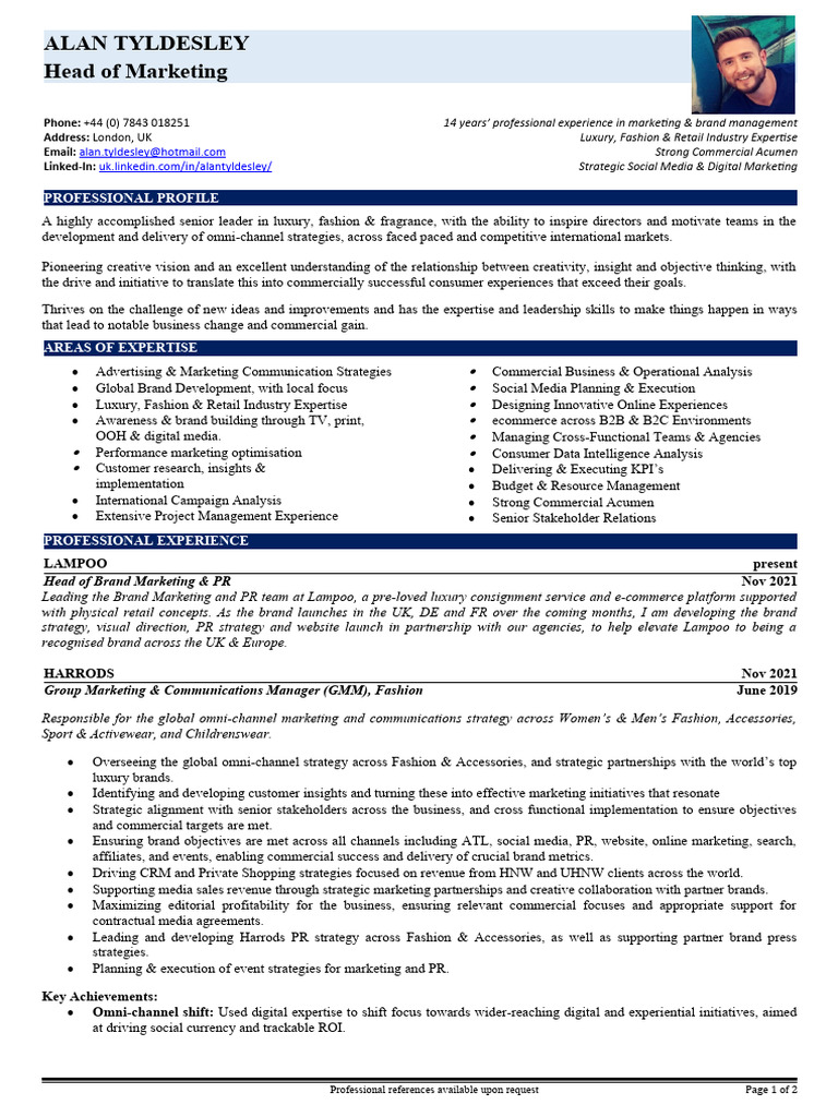 Alan+Tyldesley+CV 2022 | PDF | Brand | Marketing