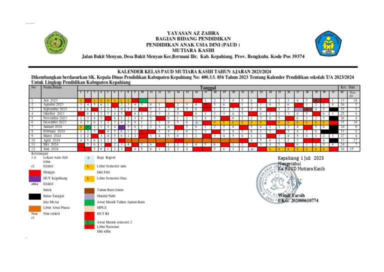 Kalender PAUD Mutiara Kasih 2023/2024 | PDF