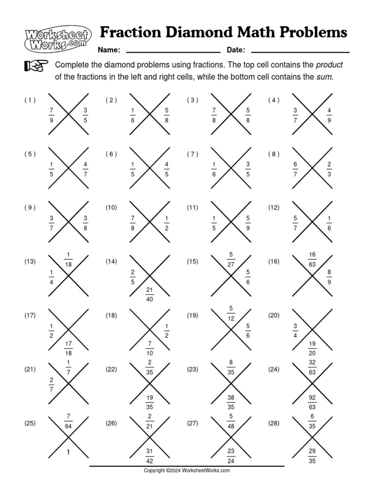 WorksheetWorks Fraction Diamond Math Problems 1 | PDF