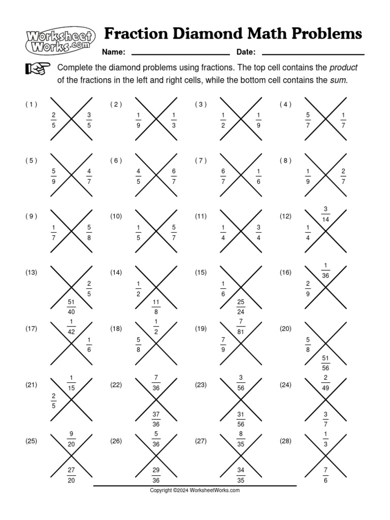 WorksheetWorks Fraction Diamond Math Problems 2 | PDF