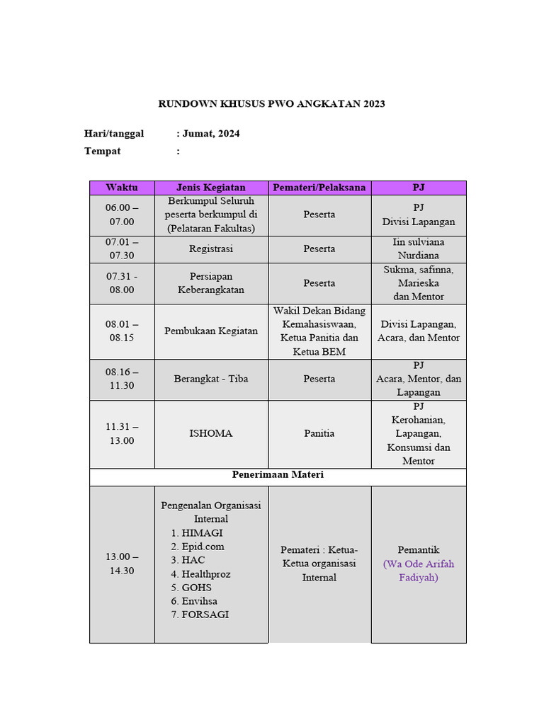 Rundown Khusus PWO Angkatan 2023-1 | PDF