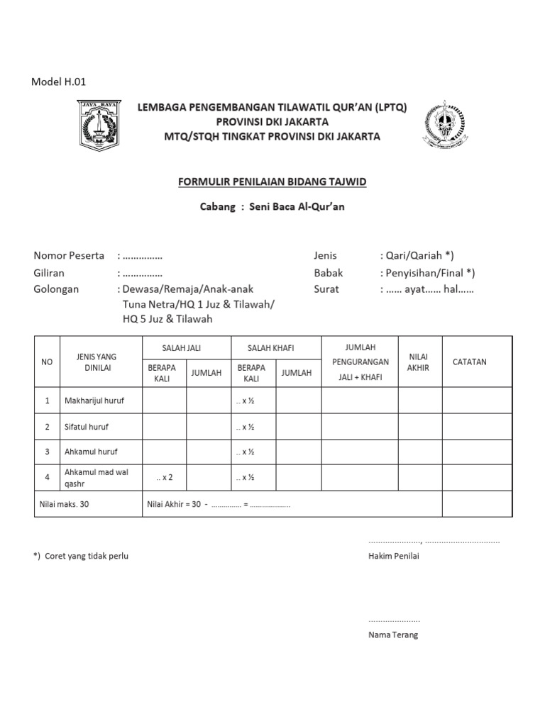 Blanko Formulir Penilaian MTQ 2023 | PDF Blanko Formulir Penilaian MTQ 2023 | PDF