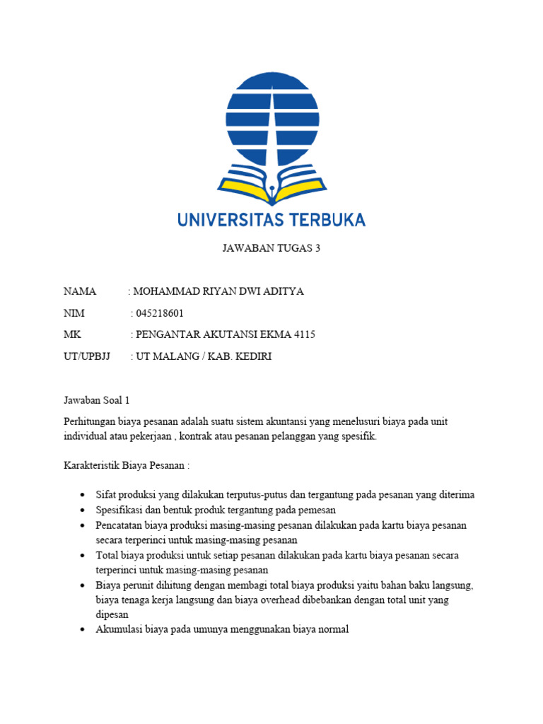 Tugas 3 PENGANTAR AKUTANSI EKMA 4115 | PDF