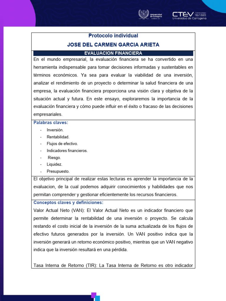 Plantilla Protocolo Individual 3 | PDF | Tasa interna de retorno | Economias
