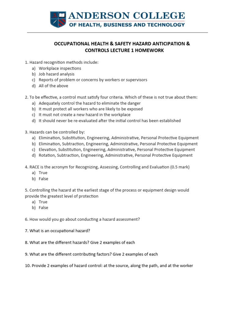 OHS HA&C Lecture 1 Homework | PDF