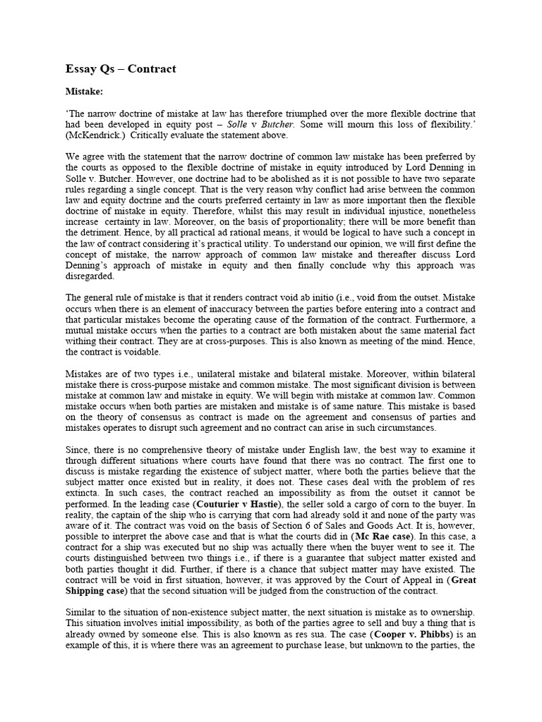 Essay Qs Contract | PDF | Misrepresentation | Common Law