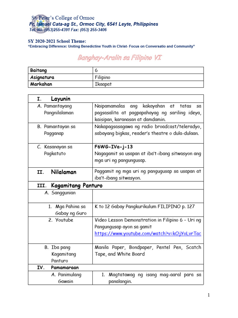 Banghay-Aralin Sa Filipino VI: St. Peter's College of Ormoc | PDF