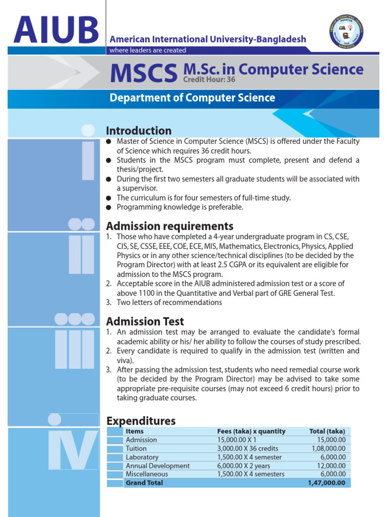 AIUB MSCS Program Overview and Costs | PDF | Master Of Science ...