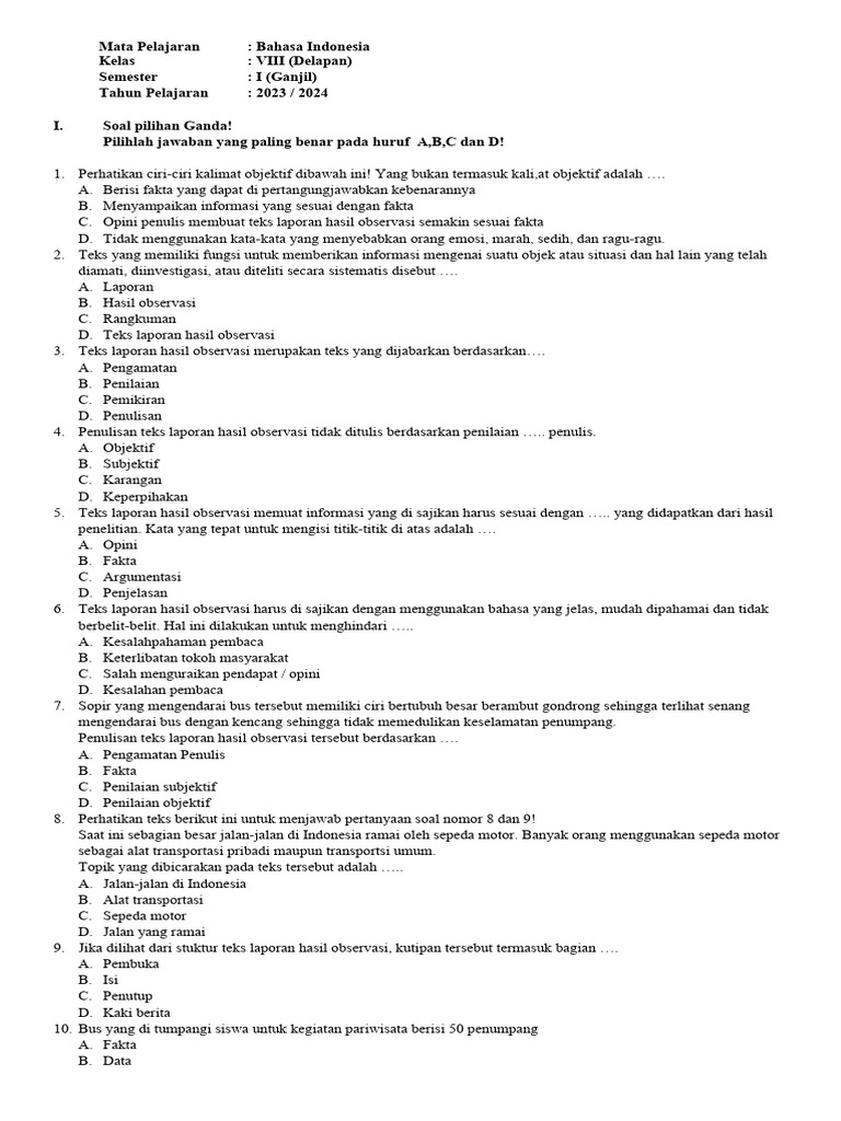 Soal Ujian Bahasa Indo Esia Kls 8 Kumer | PDF