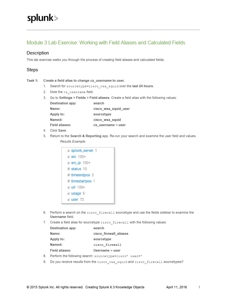 Splunk 6.3: Field Aliases & Calculated Fields | PDF | World Wide Web ...