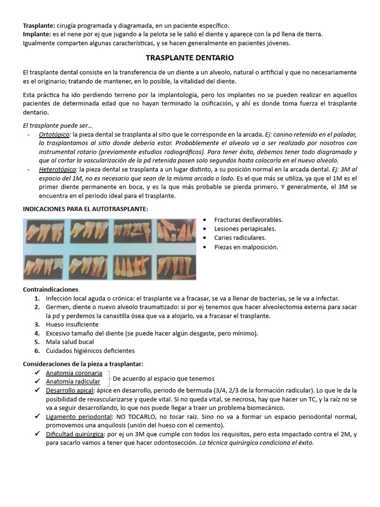 TRASPLANTE Y REIMPLANTE DENTARIO | PDF | Transplante de organo | Especialidades Medicas