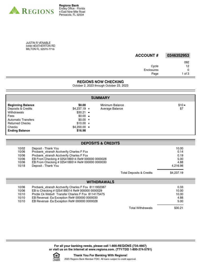 2953 Regions Bank October 2023 Statement | PDF | Overdraft | Banks