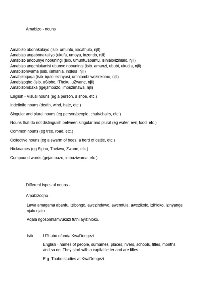 Types of Nouns in Zulu | PDF | Noun | Plural