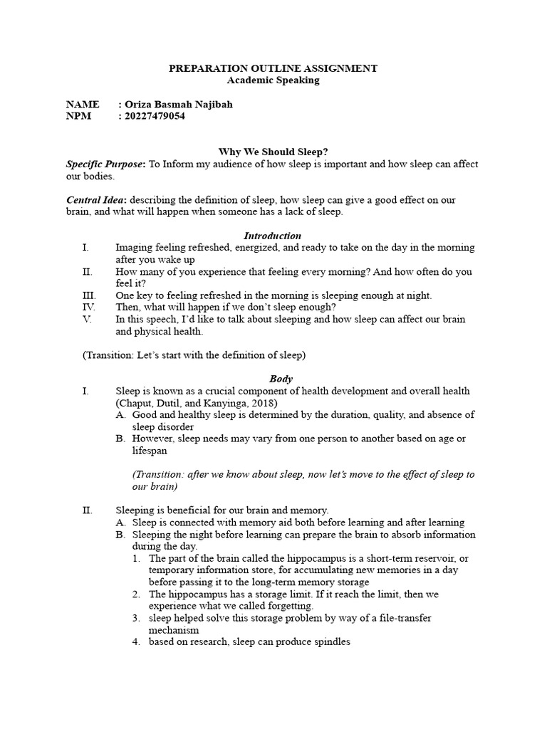 Oriza Basmah (20227479054) PREPARATION OUTLINE ASSIGNMENT | PDF | Sleep | Sleep Deprivation