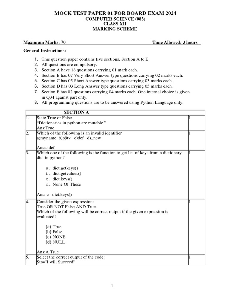 Class Xii Computer Science Mock Test Paper 01 Ms | PDF | Computer ...