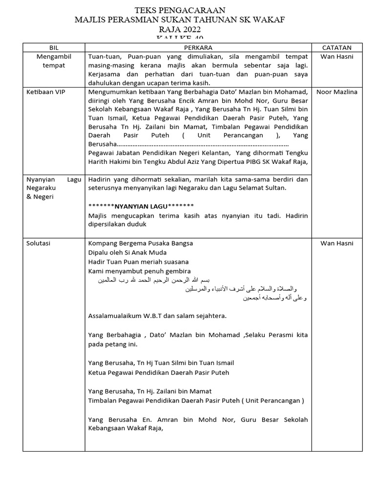Teks Pengacaraan Sukan Tahunan 2022 | PDF