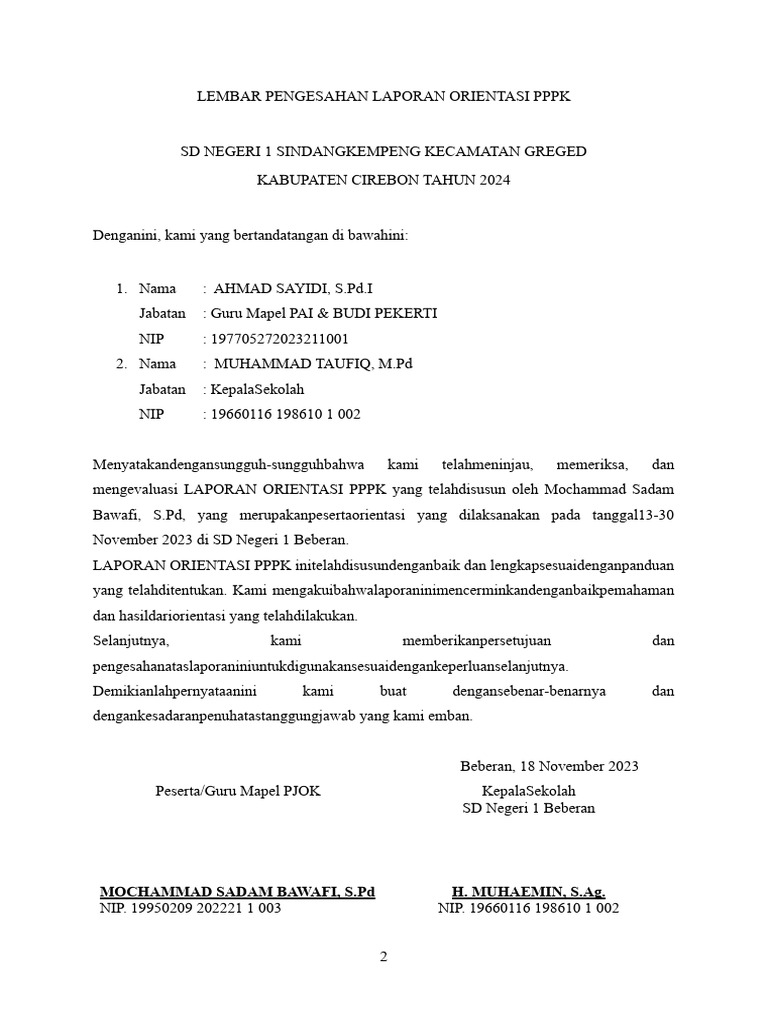 Lembar Pengesahan Laporan Orientasi PPPK | PDF