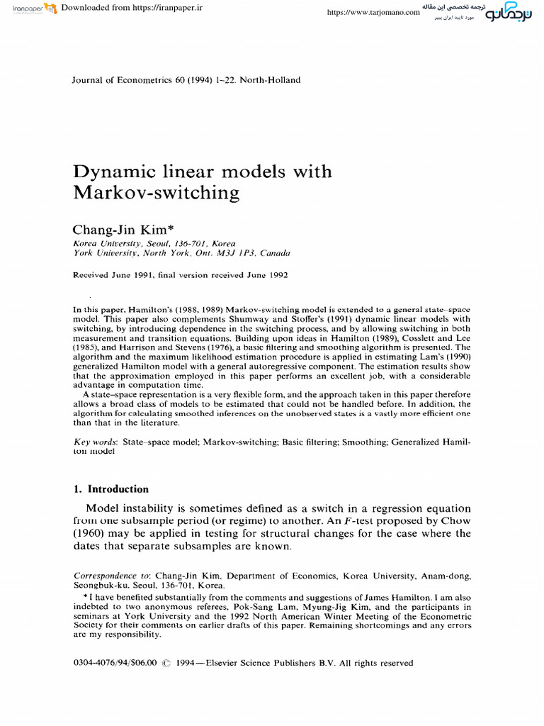 Dynamic Linear Models With Markov-Switching: Chang-Jin Kim | PDF | Autoregressive Model | Markov ...