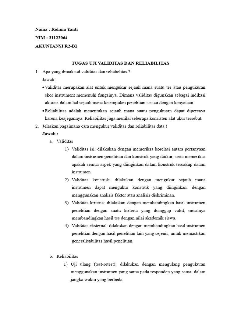 Tugas Uji Validitas Dan Reliabilitas | PDF