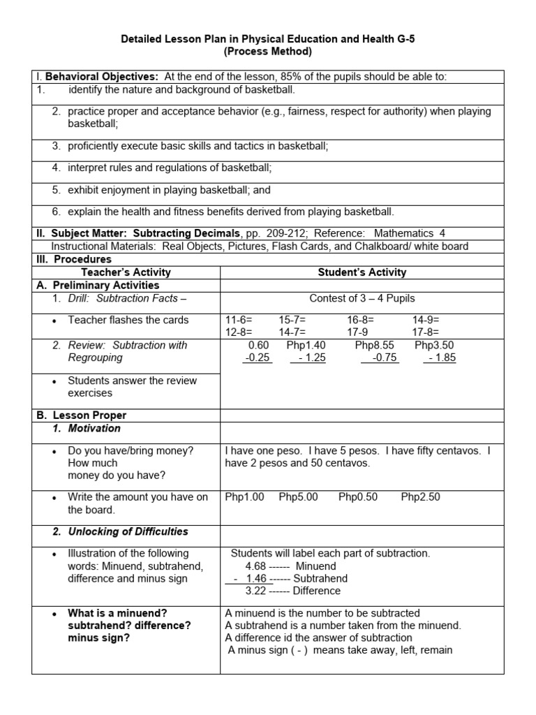 Detailed Lesson Plan in Physical Education and Health G | Download Free ...