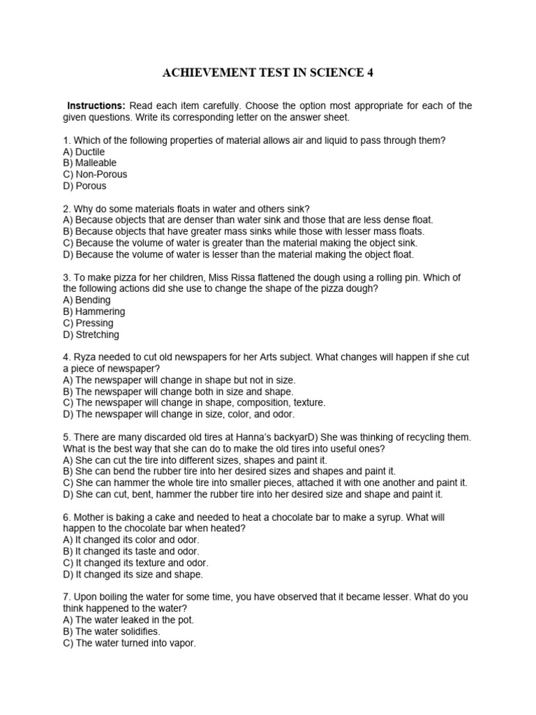 Achievement Test in Science 4 | PDF | Water | Force