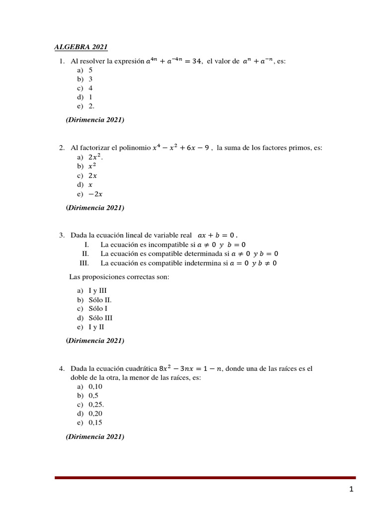Banco de Preguntas Matematica UNSAAC | PDF | Ecuaciones | Factorización