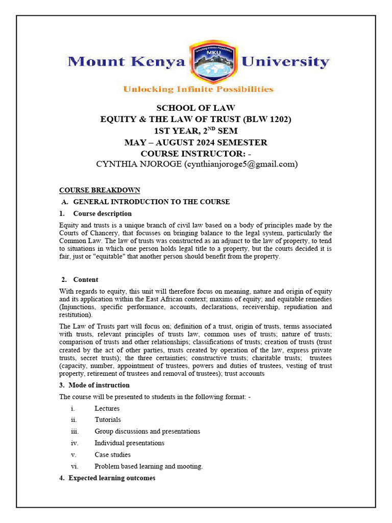 Equity & Trusts Law Course 2024 | PDF | Equity (Law) | English Trust Law